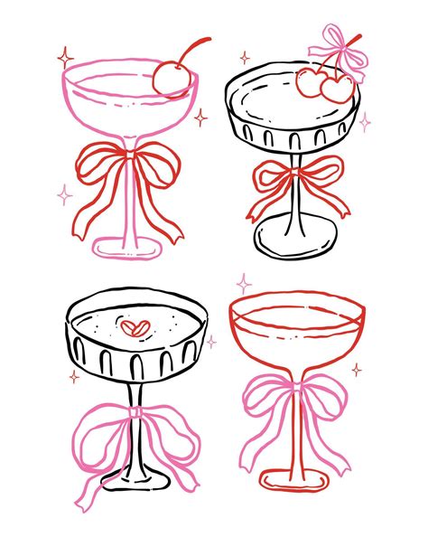 Set Of Whimsical Martini Glasses With Bow And Cherries Heart Outline