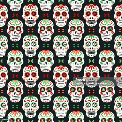 녹색과 빨간색으로 칠해진 라틴 아메리카 전통 죽은 자의 날 배경 직물 인쇄 벽지 포장지를 위한 꽃이 있는 민족 화려한 설탕 두개골 Eps 10 벡터 이음매 없는 패턴 La