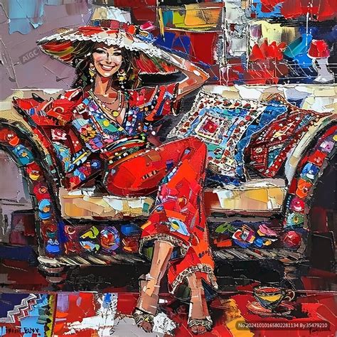 Ai创作图漂亮的抽象人物油画 西班牙插画手绘装饰画 家居抽象油画女人 欧美时尚艳丽艺术画 美国女画家 现代美女绘画时尚彩绘 女性插画绘画时尚