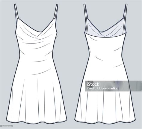 미니 슬립 드레스 기술 패션 그림입니다 스트랩 드레스 패션 플랫 기술 도면 템플릿 측면 Zipup 전면 및 후면보기 흰색 색상 여성 Cad 모형 벡터에 대한 스톡 벡터 아트