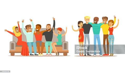 다양한 국적의 행복한 사람들이 함께 서서 승리 기호 제스처를 보여주는벡터 일러스트 개념에 대한 스톡 벡터 아트 및 기타 이미지 개념 공동체 기업 비즈니스 Istock