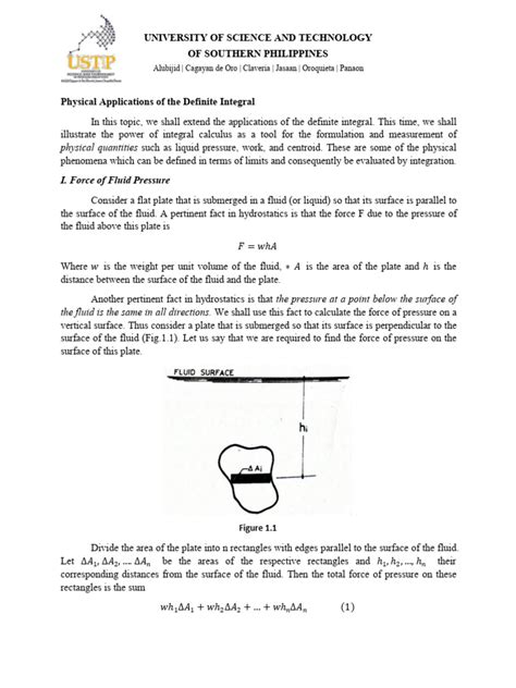 Physical Applications Of The Definite Integral Force Of Fluid