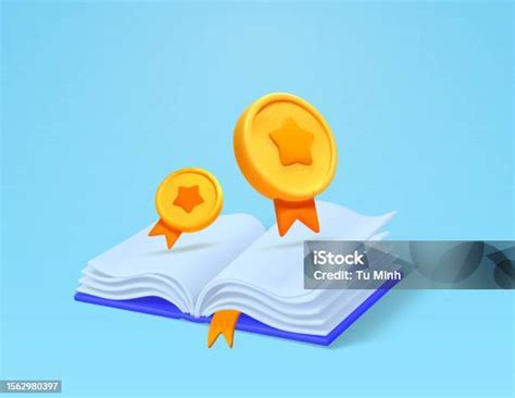 3d는 배경에 고립된 금메달이 있는 책을 열었습니다 프리미엄 글쓰기 콘텐츠 학교 강의 졸업 3d 벡터 일러스트레이션에 대한 개념입니다 개념에 대한 스톡 벡터 아트 및 기타