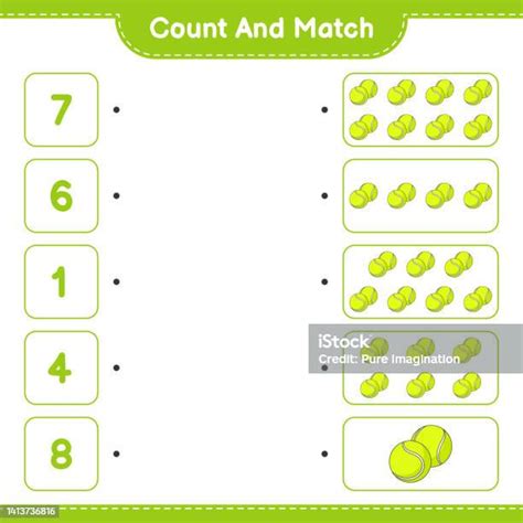 카운트와 매치 테니스 볼의 수를 계산하고 올바른 숫자와 일치시킵니다 교육 어린이 게임 인쇄 가능한 워크 시트 벡터 일러스트 레이 션 0명에 대한 스톡 벡터 아트 및 기타