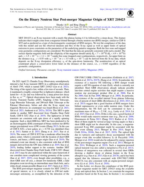 Pdf On The Binary Neutron Star Post Merger Magnetar Origin Of Xrt 210423