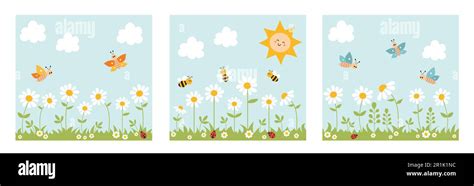 Set Of Nature Landscape With Bees Butterflies Ladybugs Grass Flowers Sun And Clouds Cute