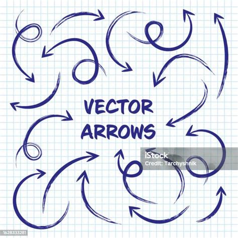 체크 무늬 종이 시트에 그런지 손으로 그린 화살표 그림을 그리기 위한 학교 공책 낙서 화살표 아이콘 간단한 단색 포인터 실루엣 윤곽선 라인 아트 벡터 그림 개체 그룹에 대한