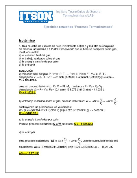 Ejercicios Resueltos De Procesos Termodinámicos Isotérmico Una Muestra De 2 Moles De Helio