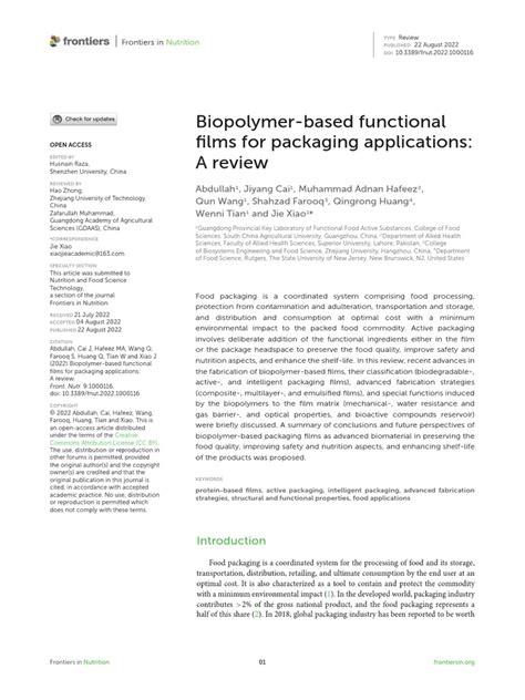 Biopolymer Based Functional Films For Packaging Applications A Review Pdf Biopolymer