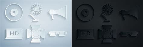 영화 스포트라이트 메가폰 Hd 비디오 기술이 적용된 노트북 화면 3d 시네마 안경 테이블 램프 및 Cd 또는 Dvd 디스크 아이콘을 설정합니다 벡터 0명에 대한 스톡 벡터