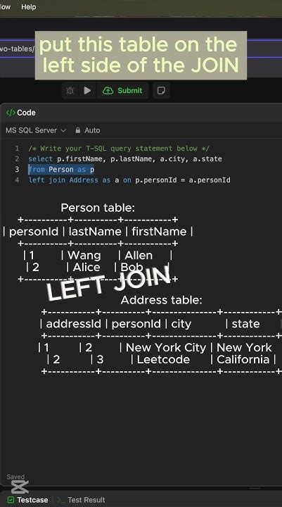 Leetcode 175 Combine Two Tables Coding Sqlinterviewquestions Tech