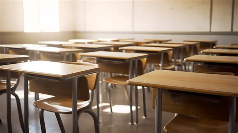 宽敞整洁的教室书桌近景摄影图片