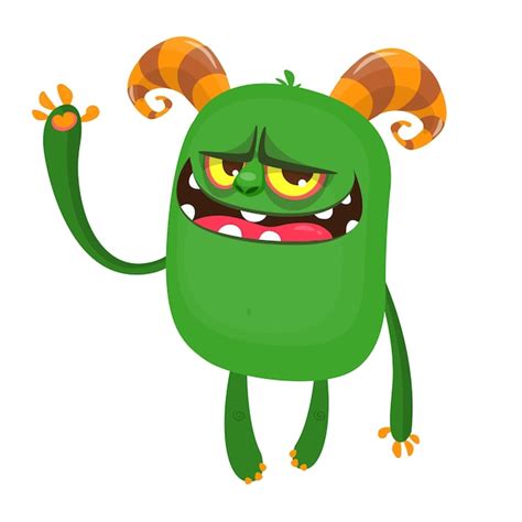 Premium Vector Cute And Grumpy Cartoon Monster Waving Vector Illustration Of Green Monster