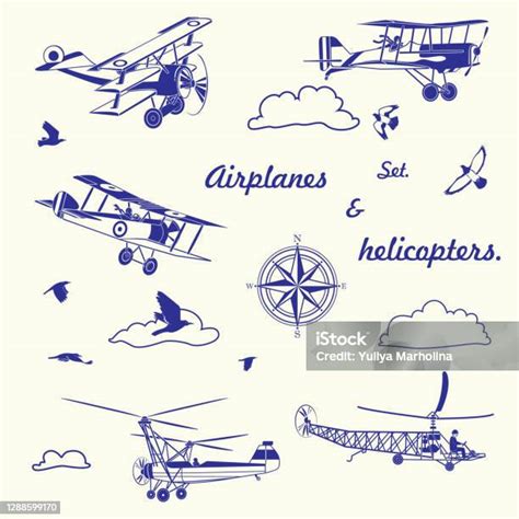 항공 및 항공을 테마로 한 고립 된 요소 세트 빈티지 비행기와 헬리콥터 구름 새 바람이 상승했다 벡터 그래픽 고풍스런에 대한 스톡 벡터 아트 및 기타 이미지 Istock