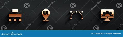 Set Site Map Ui Or Ux Design Bezier Curve And Web Development Icon With Long Shadow Vector