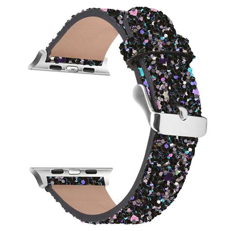 Bling Strap Black Leather Shiny Glitter Band For Apple Watch