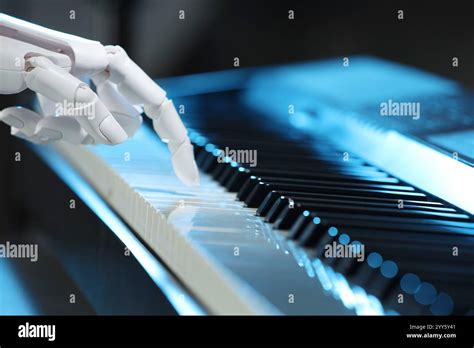 Artificial Intelligence Robot Hand Playing Piano On Dark Background