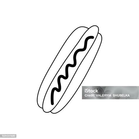 만화 핫도그 패스트푸드 낙서 핫도그 길거리 음식 개념 라인 아트 스케치 템플릿을 간략하게 설명합니다 흑백 아이콘입니다 손으로 그린 그림은 흰색 배경에 분리되어 있다 0명에