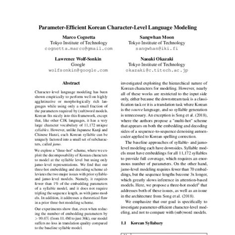 parameter efficient korean character level language modeling acl