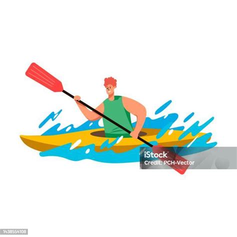 노를 젓고 카약을 탄 남자 수상 스포츠 만화 벡터 일러스트 레이 션입니다 바다 다이빙 서핑 윈드서핑 카누를 하는 사람들은