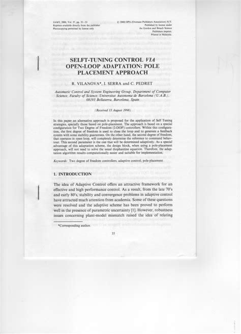 Pdf Self Tuning Control Via Open Loop Adaptation Pole Placement Approach