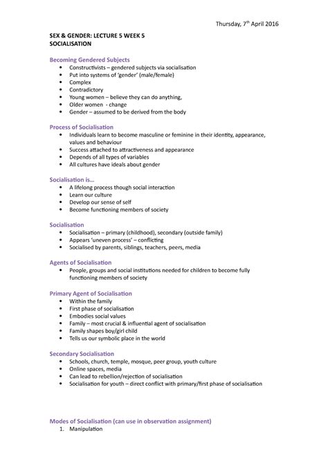Lecture 5 Week 5 Thursday 7th April 2016 Sex And Gender Lecture 5