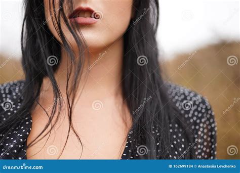 Brunette Girl With Long Hair And Red Lips Outdoors Sensual Woman Stock Photo Image Of Matt