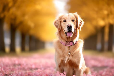 꽃 고삐와 함께 포즈를 취하는 골드 리트리버 강아지 가을 개 경기도 배경 일러스트 및 사진 무료 다운로드 Pngtree
