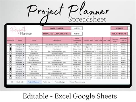 Project Planner Template Excel Spreadsheet Project Etsy