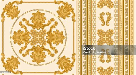 베이지 색 배경 골드 체인 및 케이블 그리스 어 마더 프리즈 바로크 스크롤 및 진주 쉘에 매끄러운 테두리 패턴 인쇄 스카프 네커치크 커추어 카펫 양탄자 매트 프리즈 바로크