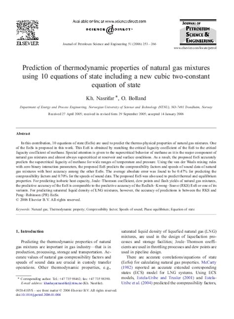 Pdf Prediction Of Thermodynamic Properties Of Natural Gas Mixtures Using 10 Equations Of State