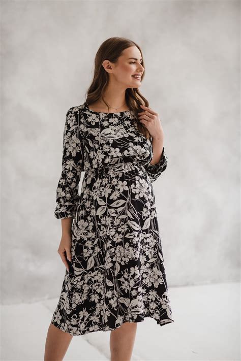 Sukienka Ciążowa I Do Karmienia Lovely Dress Midi Rękaw Długi Czarna W Print Milk And Love