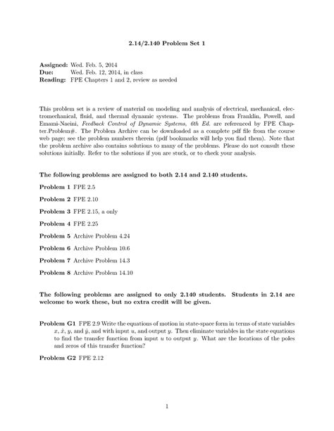 Control System Problem Set 2 2142 Problem Set 1 Assigned Wed Feb 5 2014 Due Wed Feb
