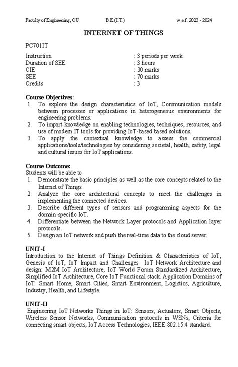 Io T Syllabus Faculty Of Engineering Ou Bi We 2023 2024 Internet Of Things Pc701it