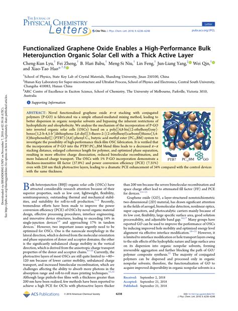 Pdf Functionalized Graphene Oxide Enables High Performance Bulk Heterojunction Polymer Solar