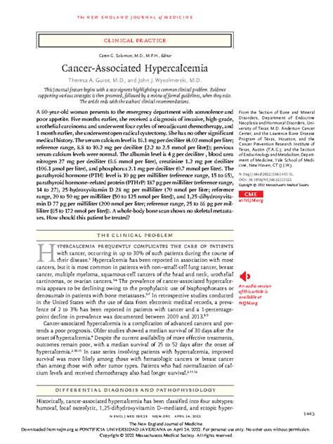 Cancer Associated Hypercalcemia Nejm N Engl J Med 386 15 Nejm April 14 2022 1443 Clinical