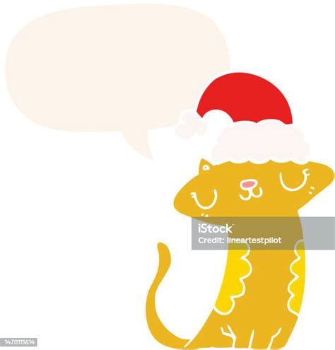 복고풍 스타일의 연설 거품이 있는 크리스마스 모자를 쓴 귀여운 만화 고양이 고양이 새끼에 대한 스톡 벡터 아트 및 기타 이미지 고양이 새끼 귀여운 기포 Istock