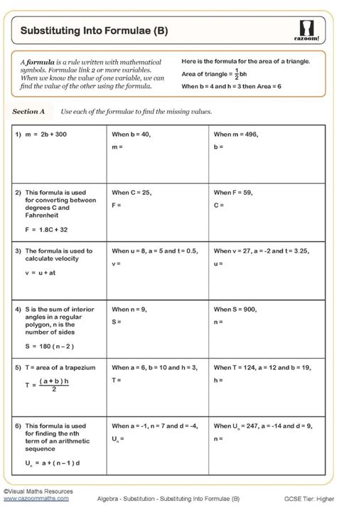 Substituting Into Formulae B
