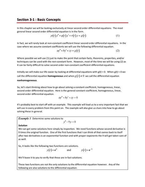 Introduction To Second Order Differential Equations Section 3 1