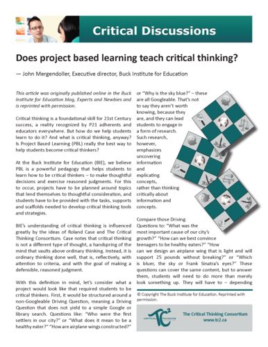 Does Project Based Learning Teach Critical Thinking Tc²