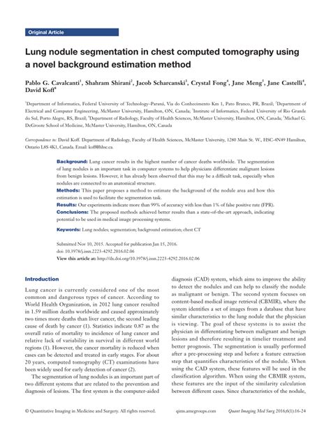 Pdf Lung Nodule Segmentation In Chest Computed Tomography Using A Novel Background Estimation