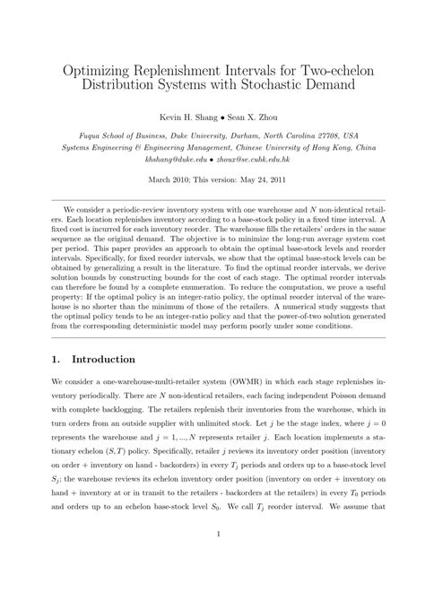 Pdf Optimizing Reorder Intervals For Two Echelon Distribution Systems