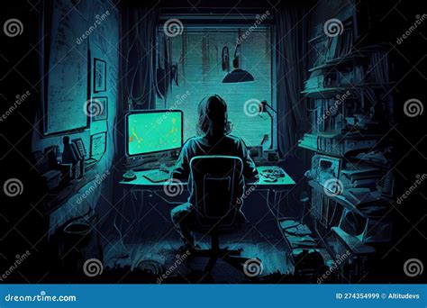 Dark Room Filled With Glow Of Computer Screen And Hacker Hard At Work Stock Illustration