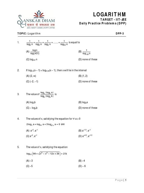 Mathematics Dpp 3 Logarithm Jee Pdf Functions And Mappings