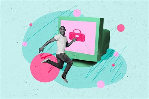 Creative Photo Collage Running Young Man Computer Monitor Screen Locked Access Denied Protection