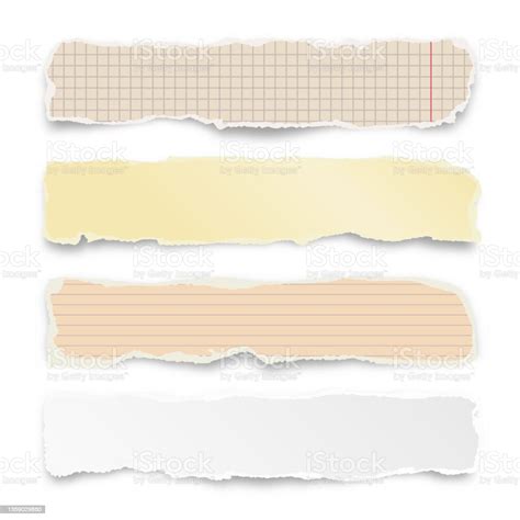 흰색 배경에 고립 된 찢어진 다채로운 종이 스트립 찢어진 가장자리가있는 현실적인 구겨진 종이 스크랩 노트북 페이지의 줄 지어 조각 벡터 일러스트레이션 0명에 대한 스톡 벡터
