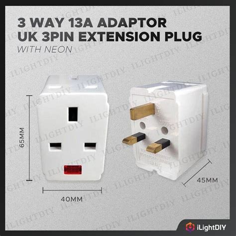 13a 3 Way Adaptor Uk 3pin Extension Plug And Socket With Neon Without