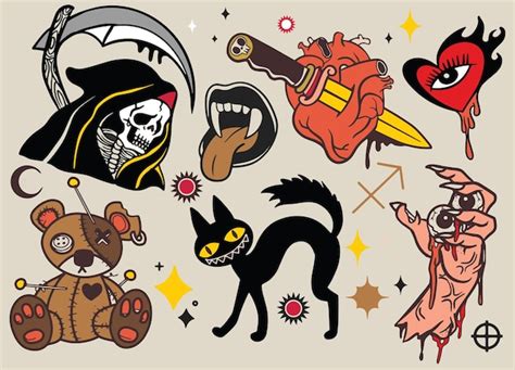 올드 스쿨 전통적인 벡터 플래시 시트 일러스트레이션손으로 그린 클립 아트 및 그래픽 디자인 요소는 격리됩니다 프리미엄 벡터