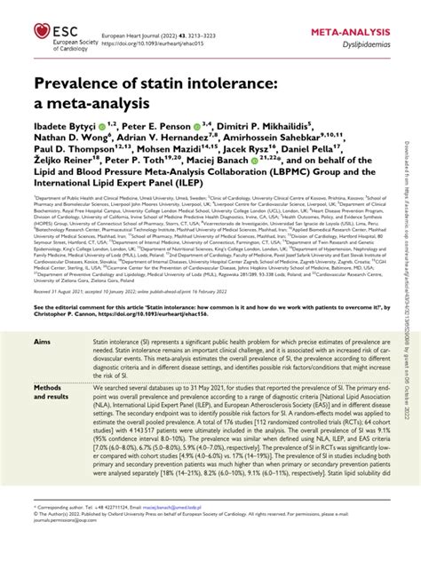 Prevalence Of Statin Intolerance A Meta Analysis Pdf Statin Cardiovascular Diseases
