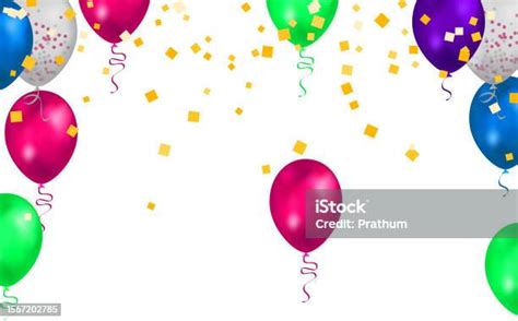 화려한 풍선과 색종이 조각이 있는 축하 배경 벡터 그림입니다 3차원 형태에 대한 스톡 벡터 아트 및 기타 이미지 3차원 형태 공휴일 금색 Istock